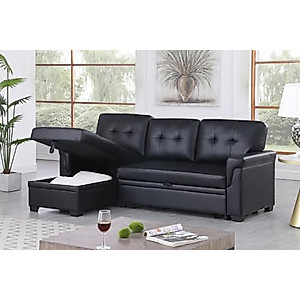 Lilola Home Lexi Black Synthetic Leather Modern Reversible Sleeper Sectional Sofa with Storage Chaise