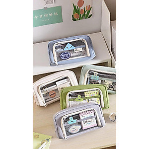 JHTPSLR Preppy Pencil Pouch Clear Canvas Pencil Pouch Big Capacity Pencil Case Double Compartments Zipper Pen Bag Stationery Bag Storage Organizer (Beige)