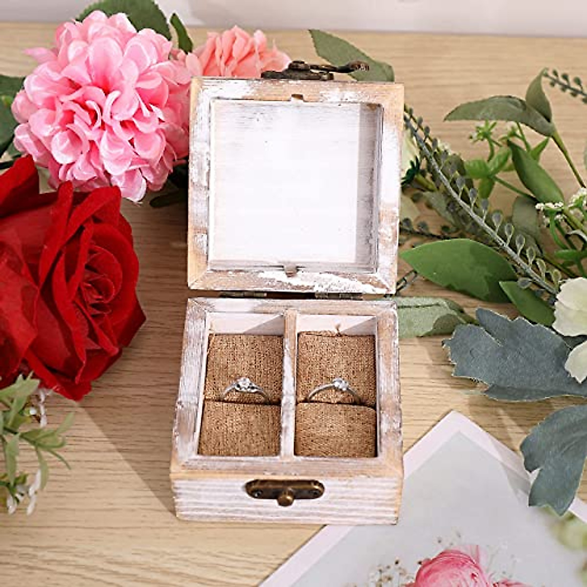 LONGNENG Wooden Ring Box for Wedding Rings and Couple Jewelry,Ring Bearer Box for Display or Personal Organizer,Engraved LOVE YOU FOREVER Lettering