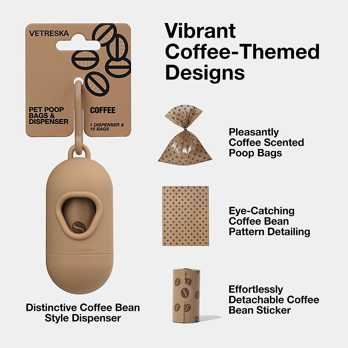 VETRESKA Dog Waste Bag Dispenser with Coffee Scent - Leak Proof, Extra Thick Pet Waste Bags - 1 Bag Holder, 105 Bags (7 Refill Rolls) for Dogs and Cats