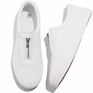 Adokoo Women's PU Leather White Shoes Slip on Sneakers Casual Walking Shoes Fashion Sneakers Slip on Tennis Shoes Zipper(S.White, US6)