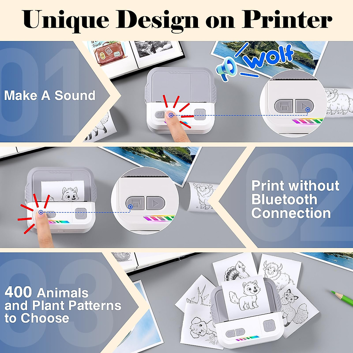 Thermal Mini Printer, X100 Inkless Sticker Maker with Thermal Papers & Sticker Papers, Bluetooth Portable Pocket Phone Printer for Notes, Receipts, Pictures, DIY, Journal, Compatible with iOS&Android