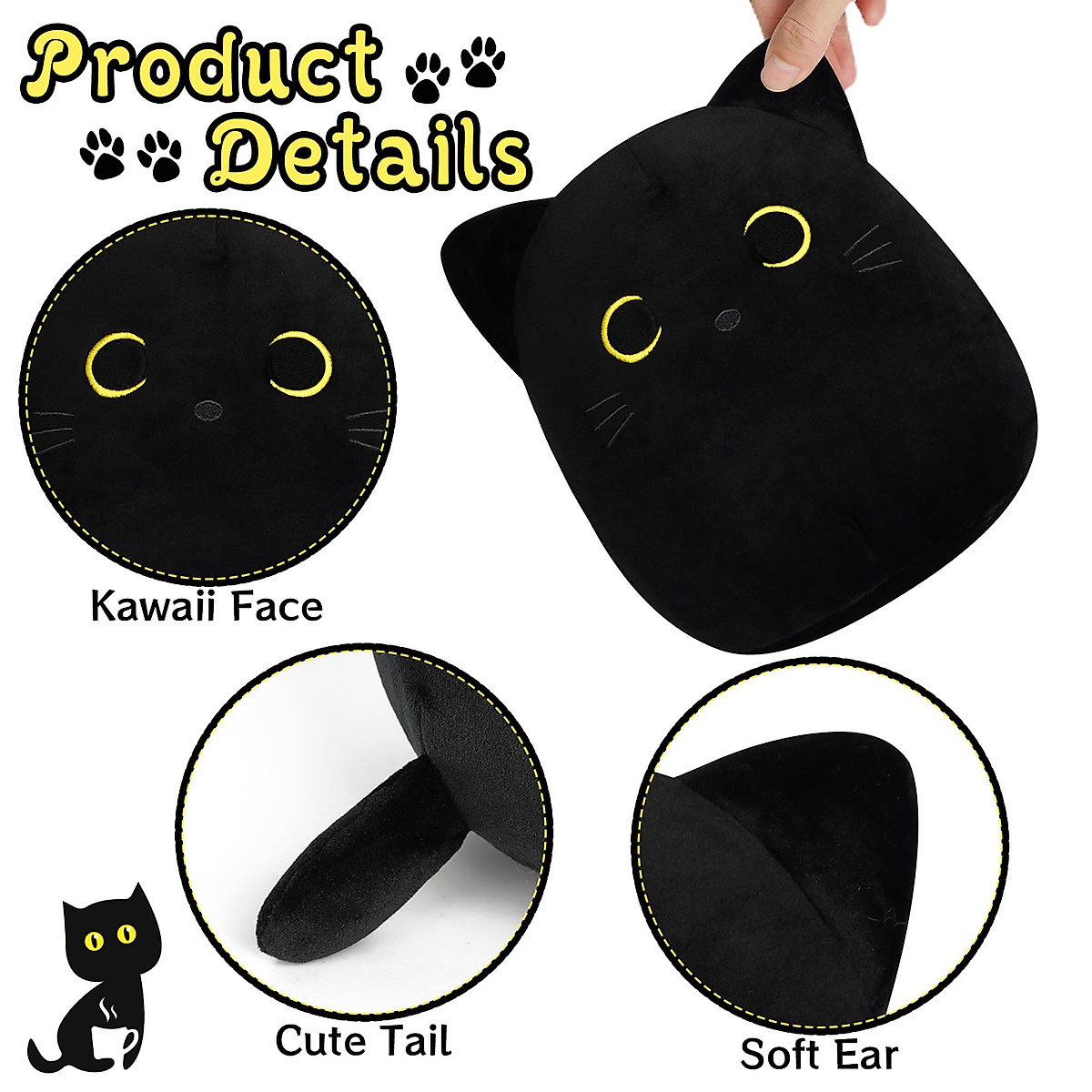 Leokawin Black Cat Plush Toy,8in Black Cat Stuffed Animal, Kawaii Cat Plush Doll Gifts for Kids Boys Girls(20cm/8in