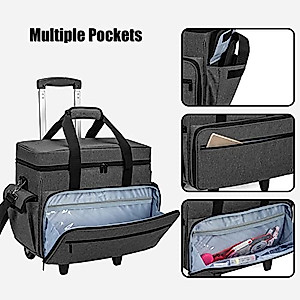 Teamoy Sewing Machine Case with Adjustable Wheels, Rolling Sewing Machine Tote with Wheels and Bottom Wooden Pad, Compatible with Singer, Brother and Most Majority Machines and Accessories, Black