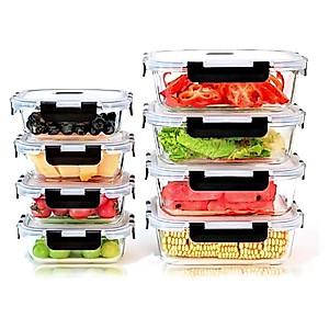 MVDHDT 16 Piece (8 Glass Containers and 8 Lids),12.5+35.1 OZ Black Glass Containers With Lids,Rectangles Meal Prep Containers Reusable Glass,for Microwave, Oven, Freezer and Dishwasher