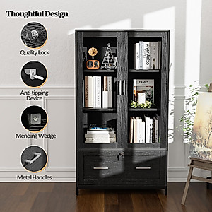 VINGLI Lateral File Cabinet with Glass Doors and Locking Drawer for Hanging File Folders, Bookshelf with Adjustable Shelves for Home Office (Black, 30''W x 16''D x 55''H)