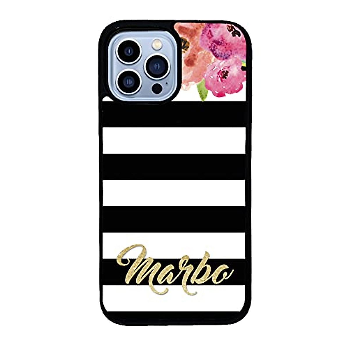 Golden Gold Personalized Flowers Black White Apple iPhone Black Rubber Phone Case Compatible with iPhone 14 Pro Max, Pro, Max, iPhone 13 Pro Max Mini, 12 Pro Max Mini, 11 Pro Max X XS Max XR 8 7 Plus