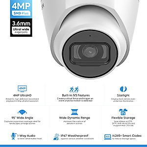 VALUCAM 4MP PoE Turret Camera, 0.006Lux@F1.6 Starlight IP POE Camera Outdoor, 2.8mm Fixed Lens with 98ft Night Vision, Human/Vehicle Detection Plus, Built-in Audio, IP67, DMSS & SmartPSS