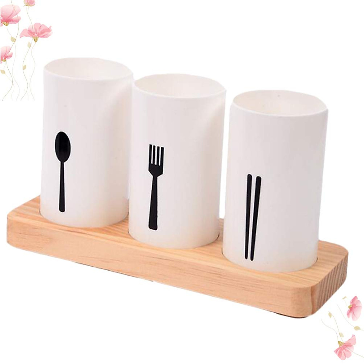 Hemoton 1 Set Utensil Holder Cutlery Utensil Drying Rack Basket Holder with Wood Base for Bar Kitchen Countertop Storage, Organize Forks, Knives, Spoons