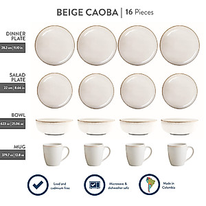 Corona Dinnerware Set 16-pieces Earthenware | Beige Caoba | Hand-Painted | Set de Vajilla 4 puestos | 16 piezas | Ceramica | Artisan Decor