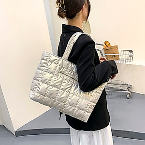 Qvenou Large Puffer Tote Bag for Women Lightweight Quilted Handbag Down Cotton Padded Shoulder Bag Large Capacity Down Padding Tote Bag-Off-white