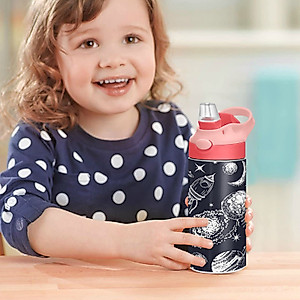 Blueangle Kids Insulated Water Bottle with Straw Lid - 12oz Double Wall Vacuum Travel Tumbler Stainless Steel Reusable Cartoon Planet Stellar Rocket Kids Cup for School Boy Girl（523）