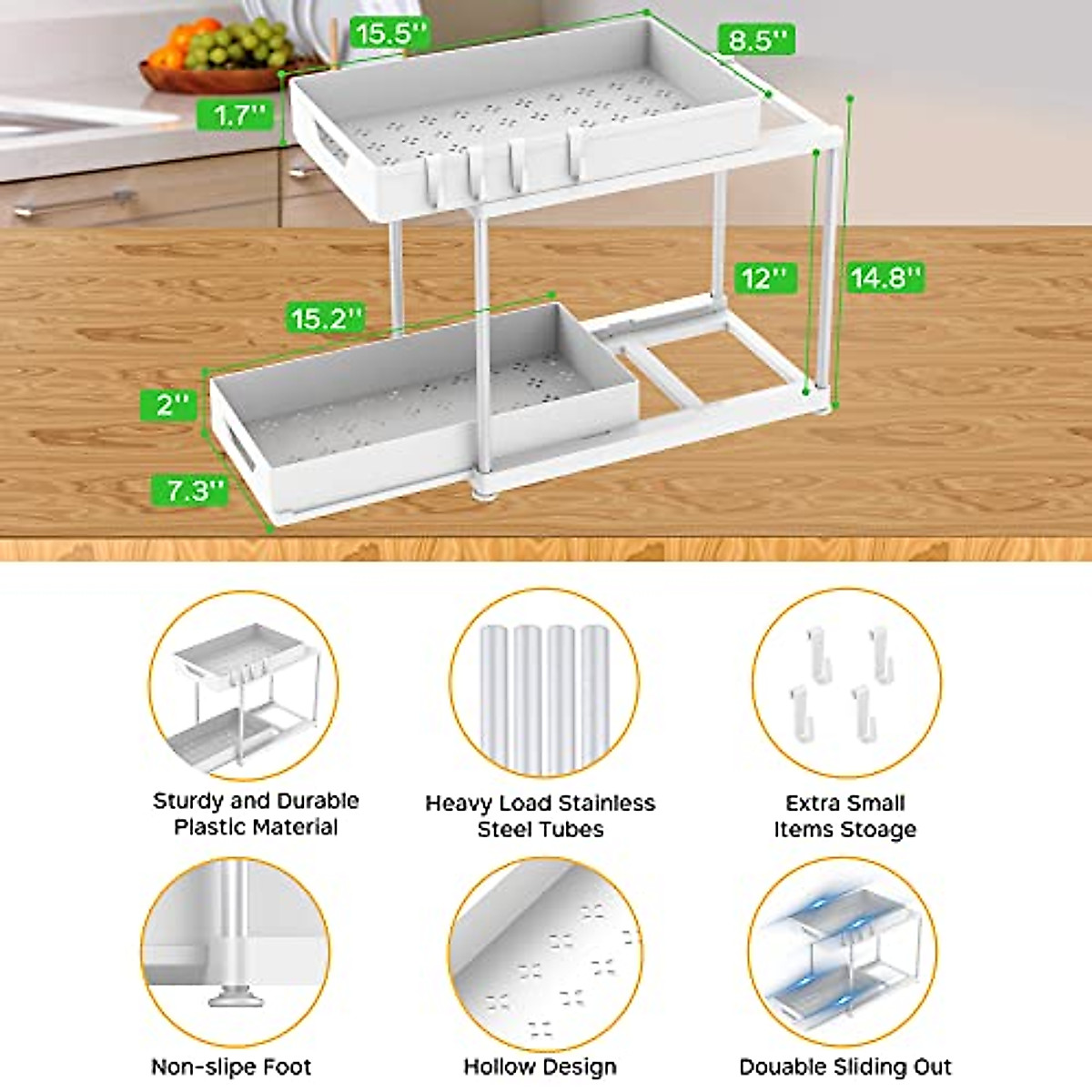 Under Sink Organizers and Storage 2 Pack, Pull-out Large Capacity Under Bathroom and Kitchen Cabinet Storage Drawer Organizer with Hooks, Multi-purpose Under Sink Shelf Organizer, White