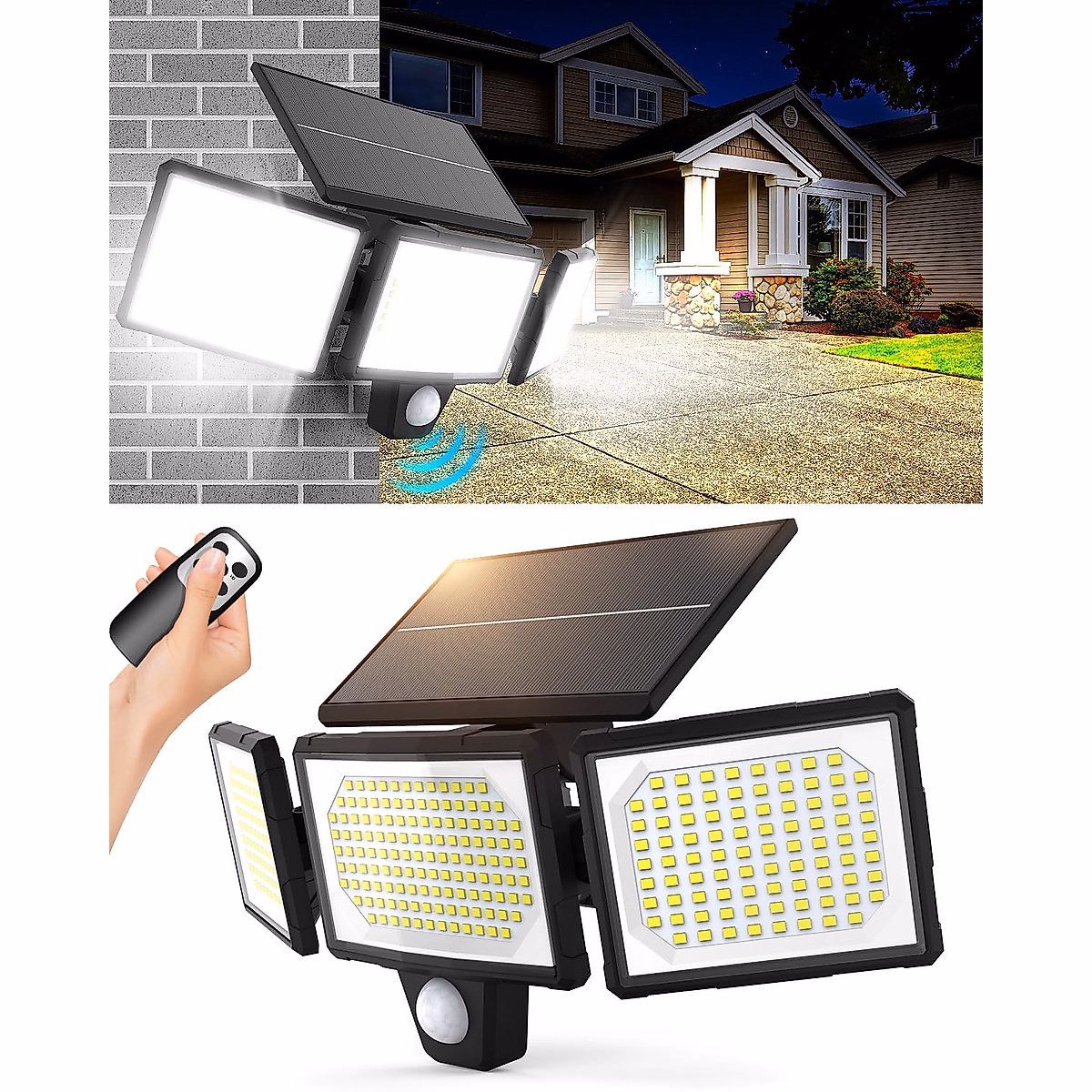 Large Solar Panel Flood Lights Outdoor, 304 Led Solar Lights Waterproof IP67, 3 Foldable Heads Motion Sensor Light with Remote, Security Lights for Front Door Garage Driveway (Always on/Motion)