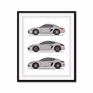 Porsche Cayman Generations (Side/Profile) Inspired Car Poster - Handmade Print of Cayman (718/981/ 987) - Silver, 11x14" Metallic Print (Unframed)-Perfect Gift Car Enthusiast