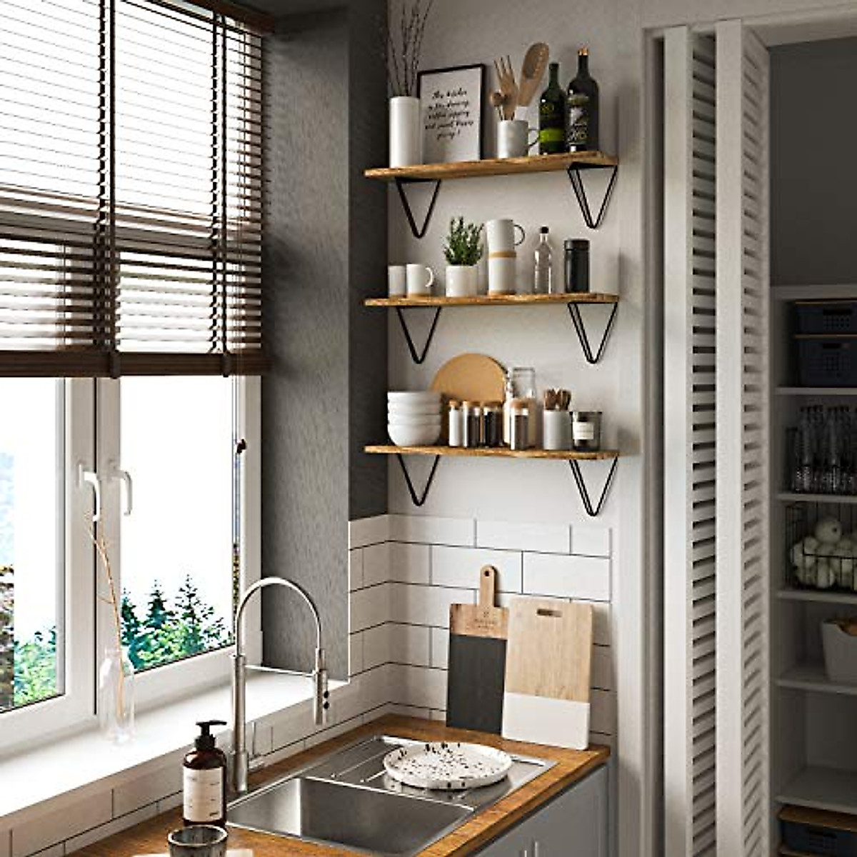 Wallniture Colmar Floating Shelves for Wall, 24 Inch Geometric Triangle Shelf Set of 3 for Living Room Décor Burned Storage Shelves with Black Shelf Brackets