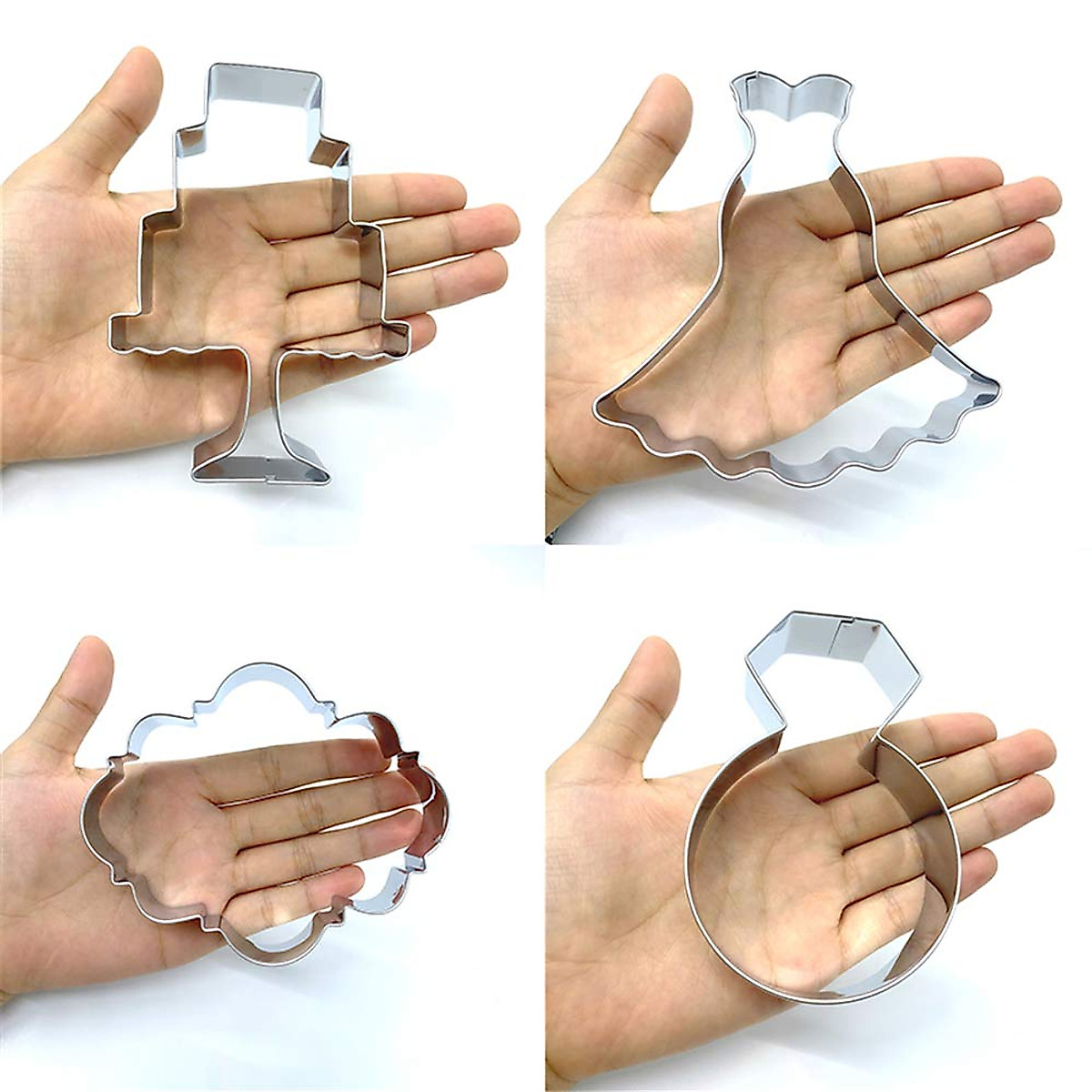 LILIAO Wedding Cookie Cutter Set for Anniversary/Bridal/Engagement - 6 Piece - Diamond Ring, Wedding Dress, Cake, Plaque, Champagne with Ribbon and Champagne Glass with Ribbon - Stainless Steel