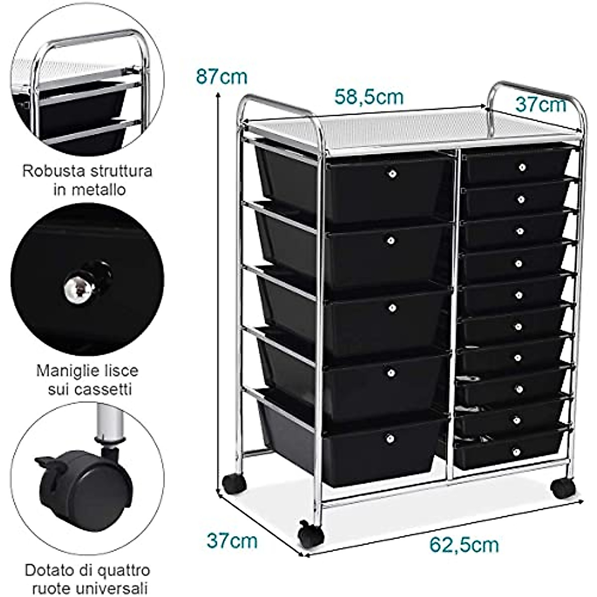 Squareful 15-Drawer Storage Cart, Mobile Rolling Utility Cart w/ Wheels, Multipurpose Organizer Cart for Tools, Scrapbook, Paper, Ideal for Home Office School (Black)