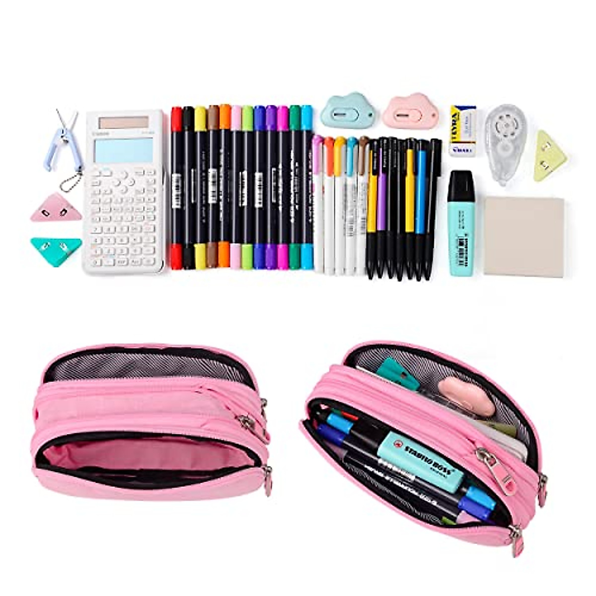 Expandable Pencil Case,Large Pencil Pouch for Boys Teen Girls;Canvas Three Zipper Multifunction Soft Fabric Pen Bag for School by Only WarmPink
