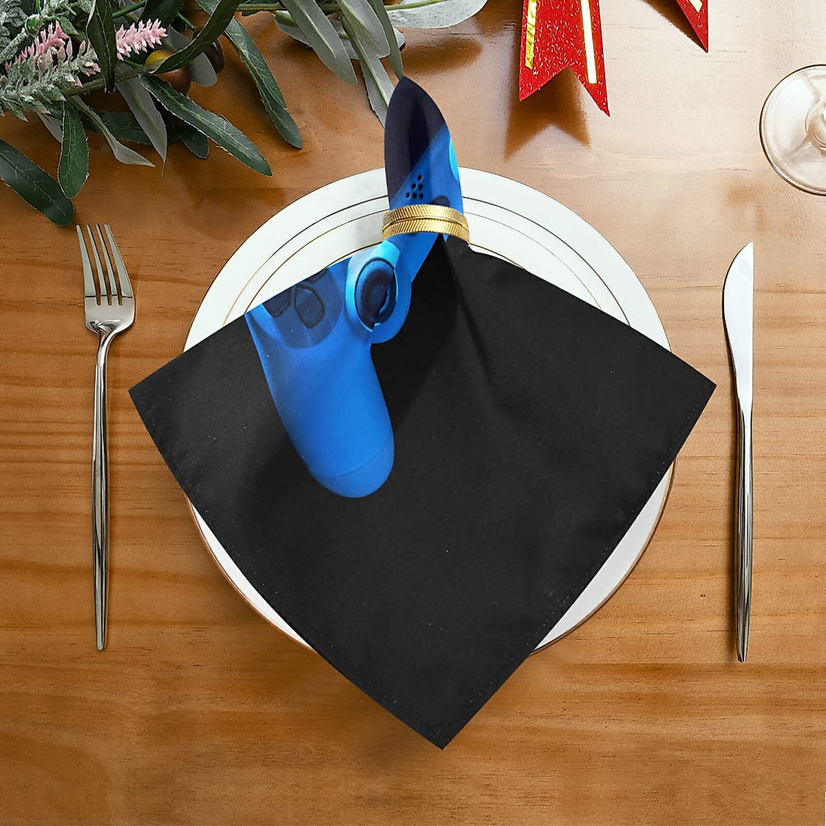 Oyihfvs Video Game Joystick Gamepad in Blue Neon Lights Isolated on Black Cloth Napkin Set of 1,Dinner Napkins Reusable Table Napkin Washable Polyester Fabric for Cocktail Party Holiday Wedding Home