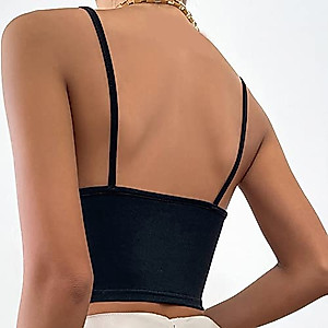 Women's Sexy Sleeveless V Neck Plunging Camisole Basic Solid Color Hollow Out Y4k Cropped Tank Top Slim Bustier Bras Black