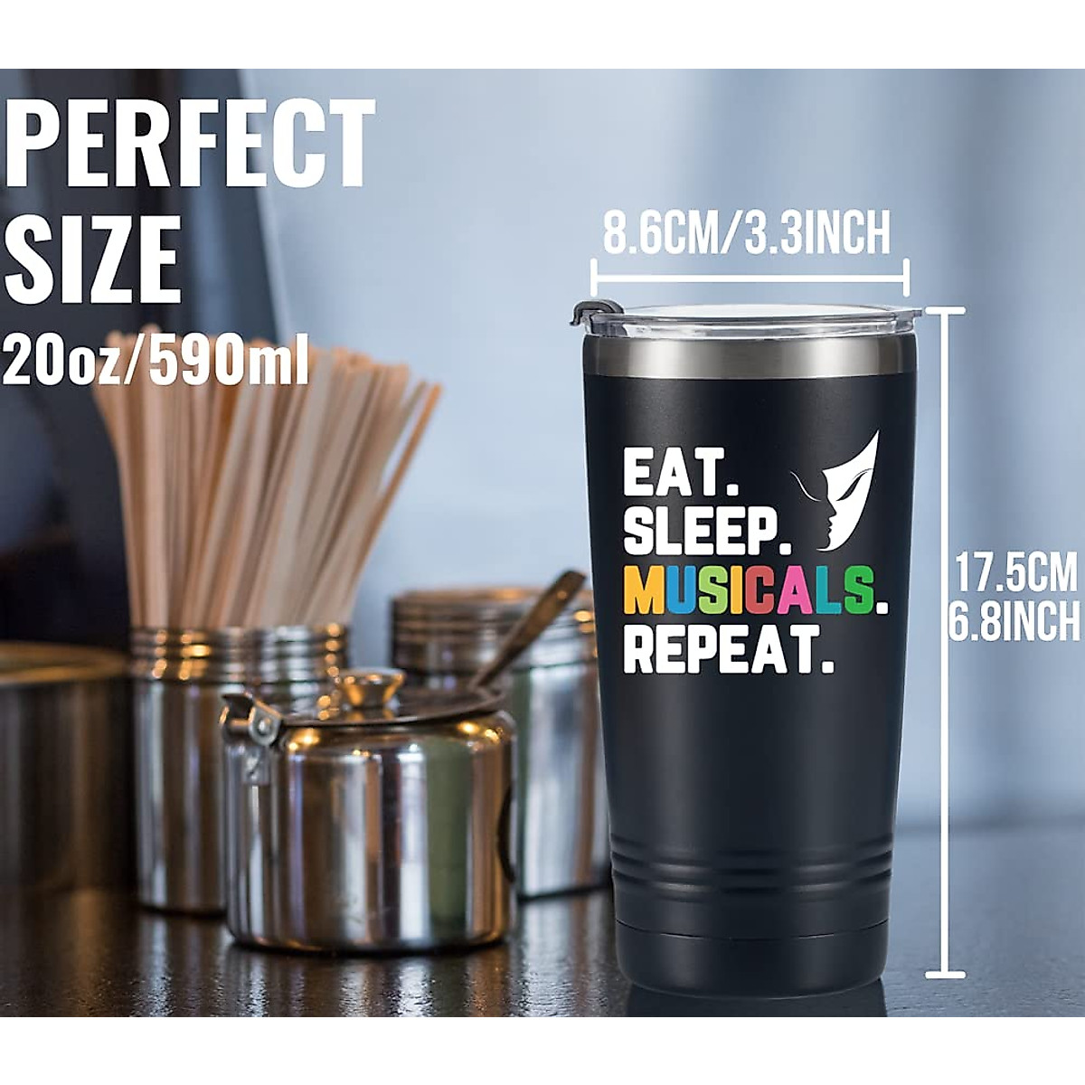 Onebttl Theater Gifts, Broadway Gifts for Musicians, Actors and Music Teacher on World Theatre Day, Birthday and Chistmas, 20 oz Insulated Stainless Steel Tumbler - EAT SLEEP MUSICALS REPEAT