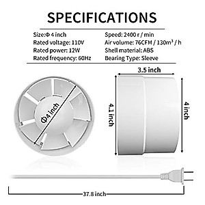 Inline Duct Fan 4 Inch Vent Booster, HVAC Exhaust Intake Fans 76 CFM, Ventilation Blower for Grow Tent Attic Kitchen Garage Greenhouse Basement (Φ 4 inch/110v)