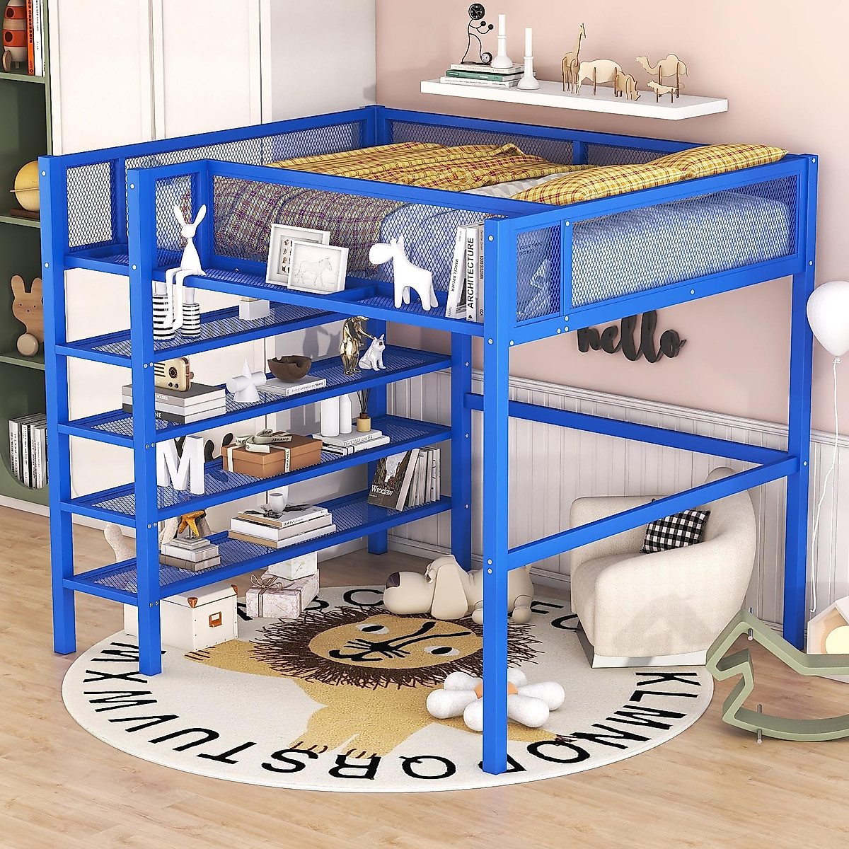 Bellemave Full Size Metal Loft Bed with 4-Tier Shelves and Storage, Loft Bed with Bookshelf (Blue)