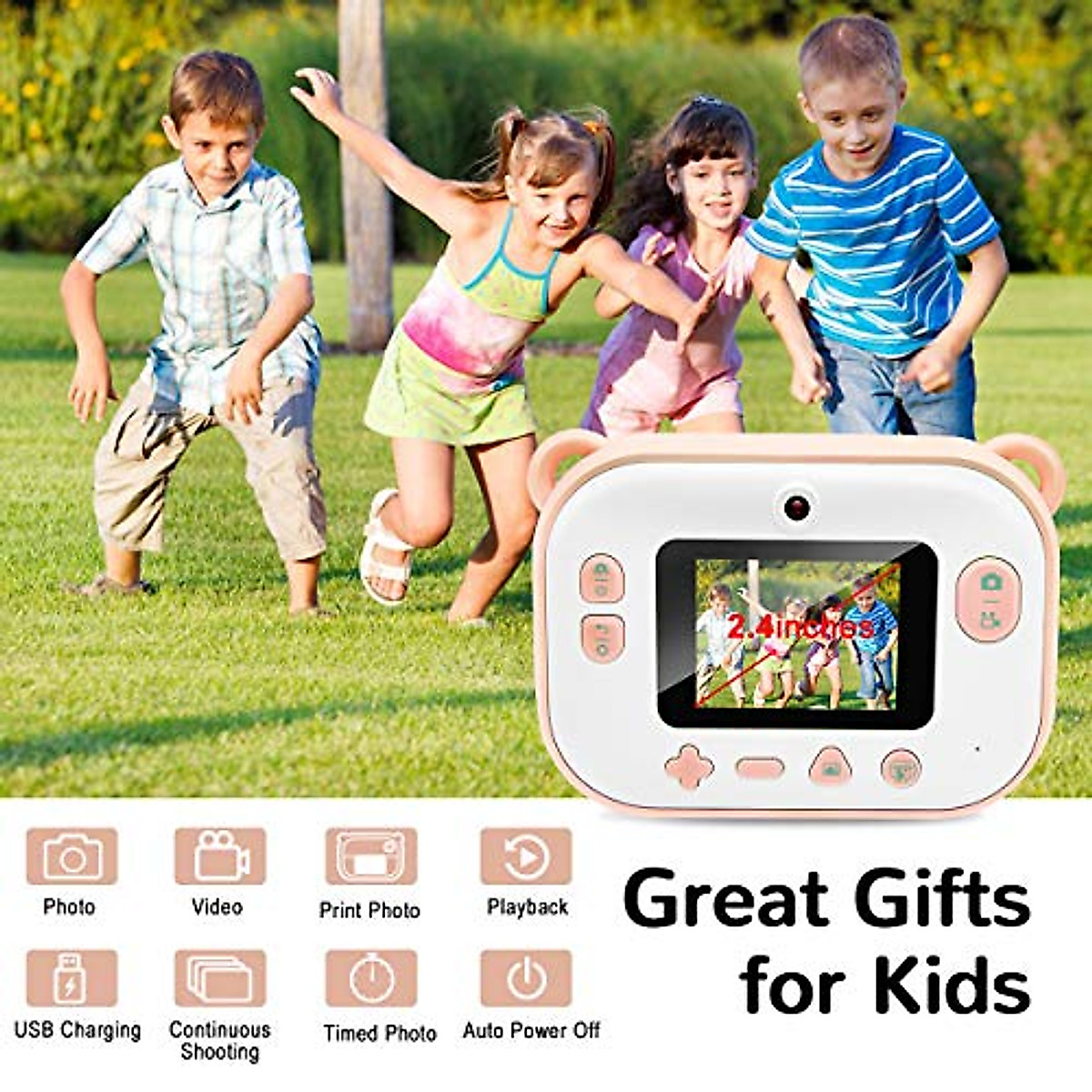 Joytrip Kids Instant Print Camera, Kids Camera with 2.4” HD Large Screen LCD, Zero Ink Digital Camera with Thermal Printing Paper and Cartoon Stickers, 3-14 Years Old Children Toy Learning Camera