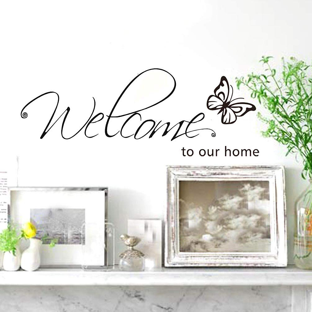 BIBITIME Flying Black Butterfly Saying Welcome to Our Home Front Door Sign Decal Vinyl Letters Quotes Stickers for Christmas Living Room Porch Garden,DIY 27.95" x 10.23"