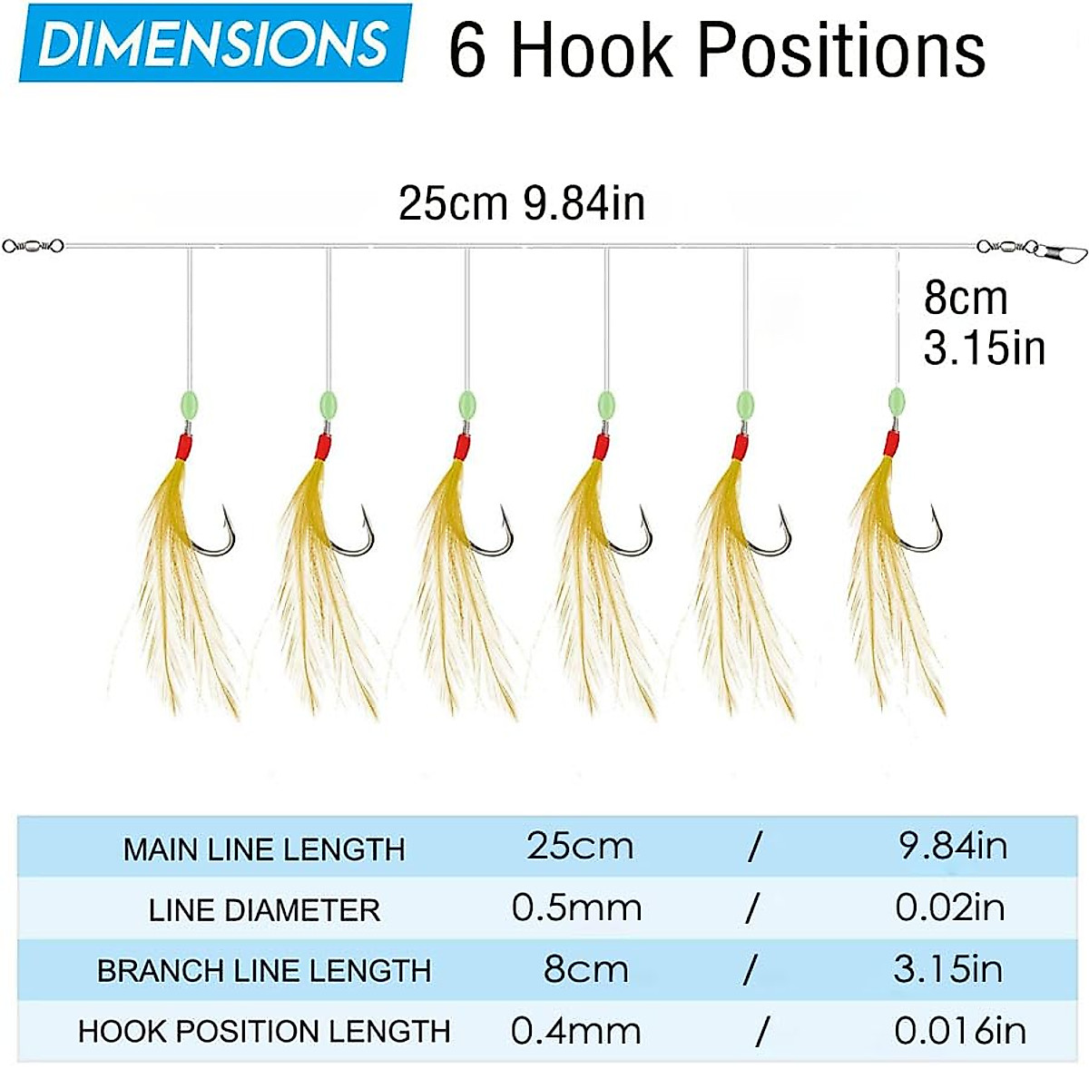 Fishing Rigs with Feathers Mackerel Feather Rigs 10Packs 60 Hooks Mackerel Feathers Sea Boat Beach Pier Lure Fishing Rigs 6 Hook Positions/Feather Rig 4 Colors Selection Pack (Yellow 15#,10Pack)