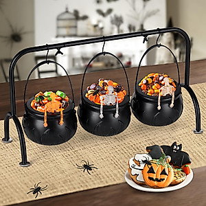 Rdogeia Halloween Decorations Indoor,Halloween Decor- Set of 3 Halloween Witches Cauldron Candy Serving Bowls on Rack,Black Plastic Cauldron with Skeletons for Indoor Outdoor Home Kitchen Decoration