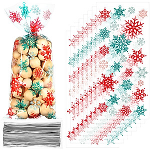 Snowflake Cello Treat Bags Christmas Xmas Party Cellophane Plastic Candy Goodie Bags with Twist Ties for Winter Holiday Wonderland Birthday Baby Shower Party Favors (Pink)