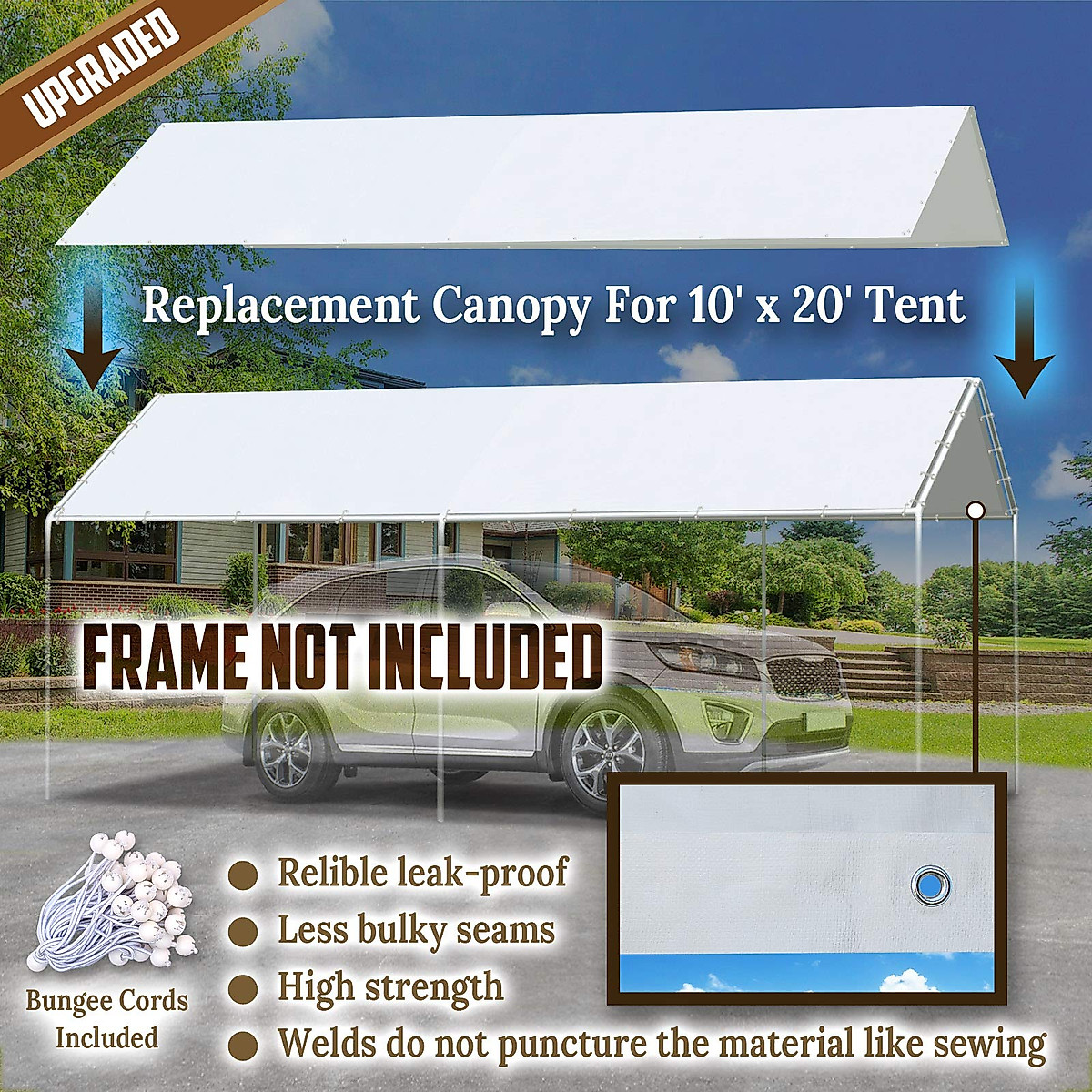 BenefitUSA 10x20 ft Carport Replacement Canopy Garage Top Cover Tent Shelter Tarp with Ball Bungee Cords, Canopy ONLY (Without/Edge)