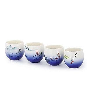 MQjzsh Hand drawn Chinese Japanese style traditional ceramic tea cup set of four, tea set, kung fu tea cup, coffee cup (blue 1)