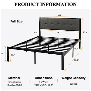 SHA CERLIN Full Size Metal Platform Bed Frame with Upholstered Button Tufted Headboard, Easy Assembly, Dark Grey