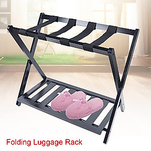YIPONYT Luggage Rack Black Suitcase Stand Household Wood Folding Shelf,Folding Storage Rack Double Layer Luggage Rack for Guest Room Bedroom Hotel