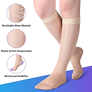 Shellwei 3 Pairs Sheer Compression Socks 20-30 mmHg Sheer Compression Stockings Graduated Compression Socks 20-30 mmHg Knee High Compression Socks for Women Swelling Edema (Nude, Large)