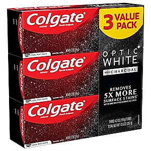 Colgate Optic White with Charcoal Whitening Toothpaste, Cool Mint Flavor, Safely Removes Surface Stains, Enamel-Safe for Daily Use, Teeth Whitening Toothpaste with Fluoride, 3 Pack, 4.2 Oz Tube