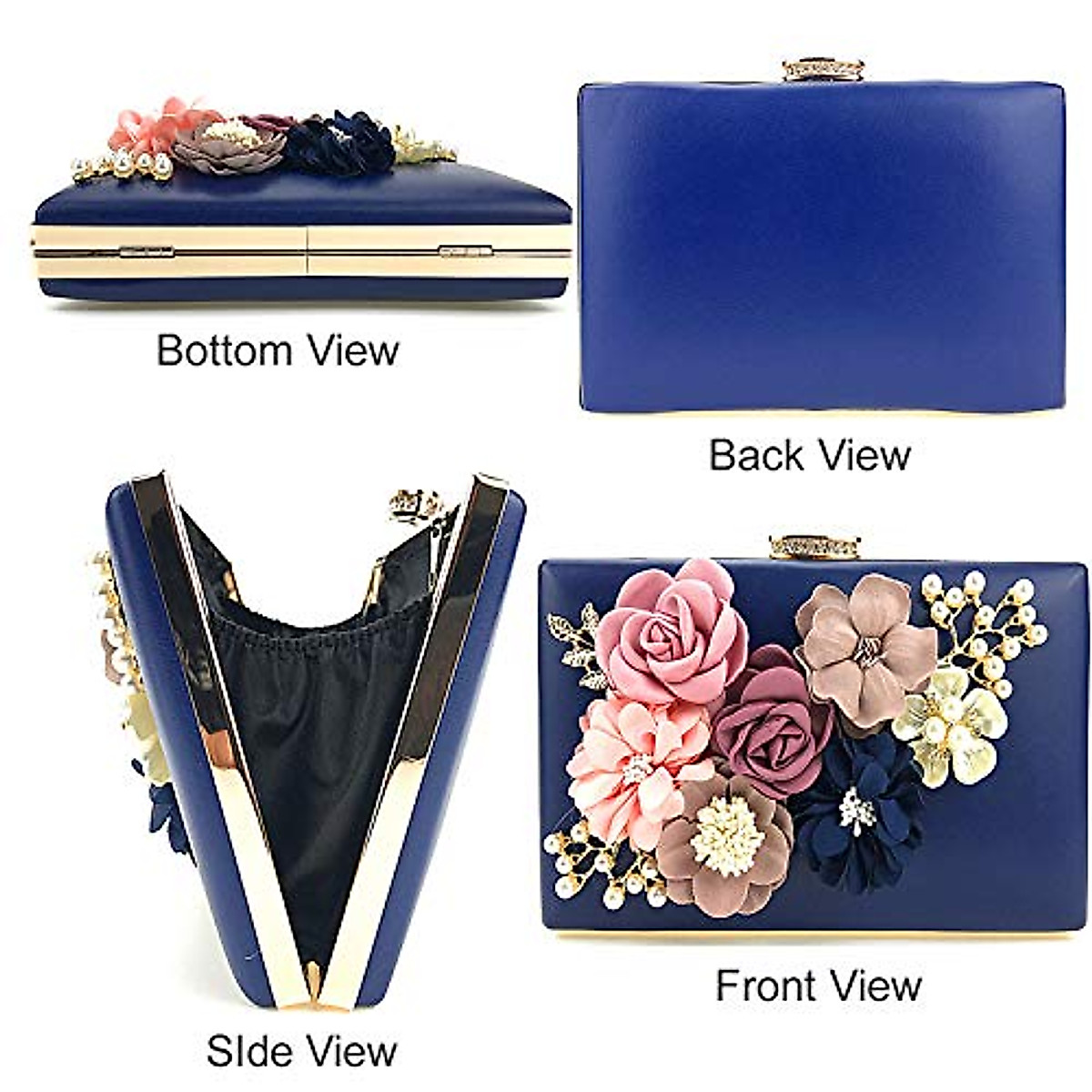 AMAZE Flower Clutch Purse for Women Floral Evening Bags for Wedding Bride Formal Party (Navy Blue)