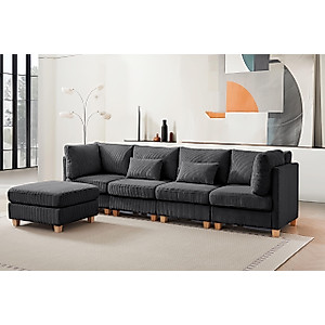 MYINDA U Shaped Sectional Couches for Living Room, 110 Inch Modular Sectional Sofa with Movable Ottoman, Corduroy Oversized Living Room Furniture Sets (Dark Gray)