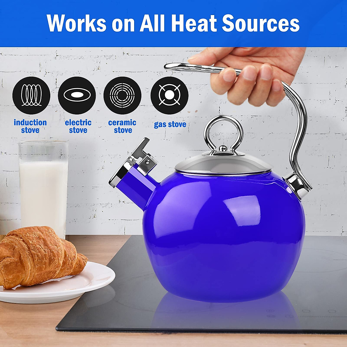 AIDEA Tea Kettle, 1.7 Quart Whistling Enamel Stainless Steel Teakettle Tea Pot for Stovetop (Cobalt)