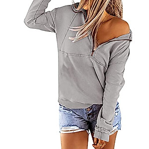 Floral Find Women's Long Sleeve Lapel Half Zip Up Sweatshirt Solid Stylish Loose Fit Casual Pullover Tops Grey
