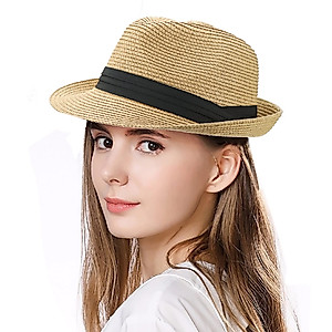 Womens-Sun-Hat Summer-Straw-Fedora Hat Foldable-Panama Beach-Sun Hat Short Brim Trilby-Hat - M-L Adjustable String Bulit-in Khaki