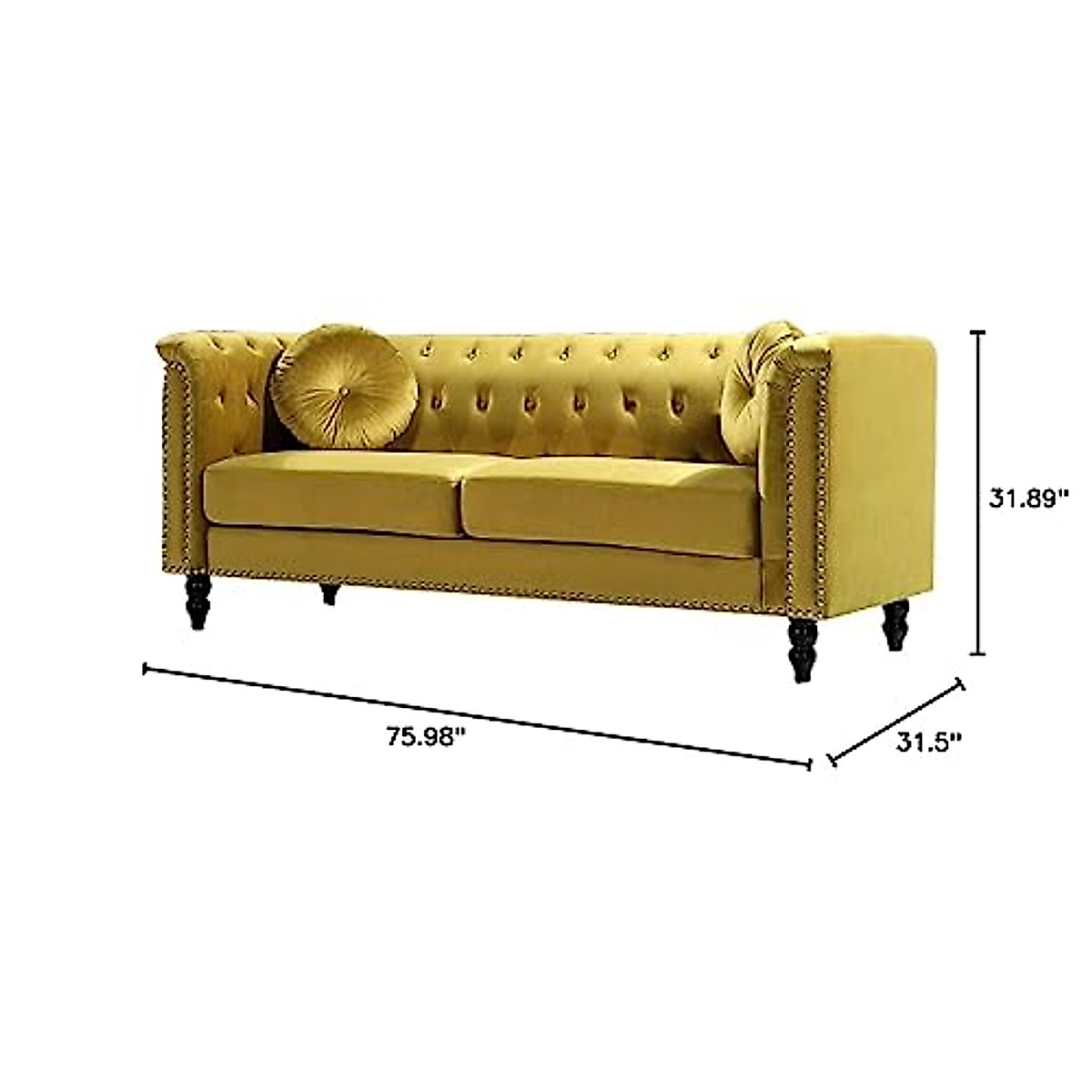 US Pride Furniture Modern Style High Density Foam 75.98'' Wide Golden Velvet Rolled Arm Chesterfield Living Room Removable Cushion & Solid Wood Legs (S5608-5613) Sofas, Strong Yellow