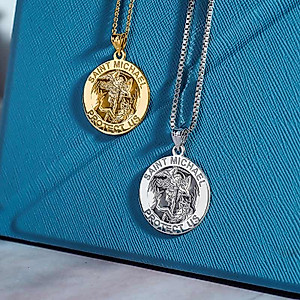 PicturesOnGold.com St Michael Pendant - Saint Michael Pendant Religious Medal Necklace - 1 Inch Size of a Quarter in Yellow Gold Filled - Includes 18 inch Chain (Necklace + Engraving)