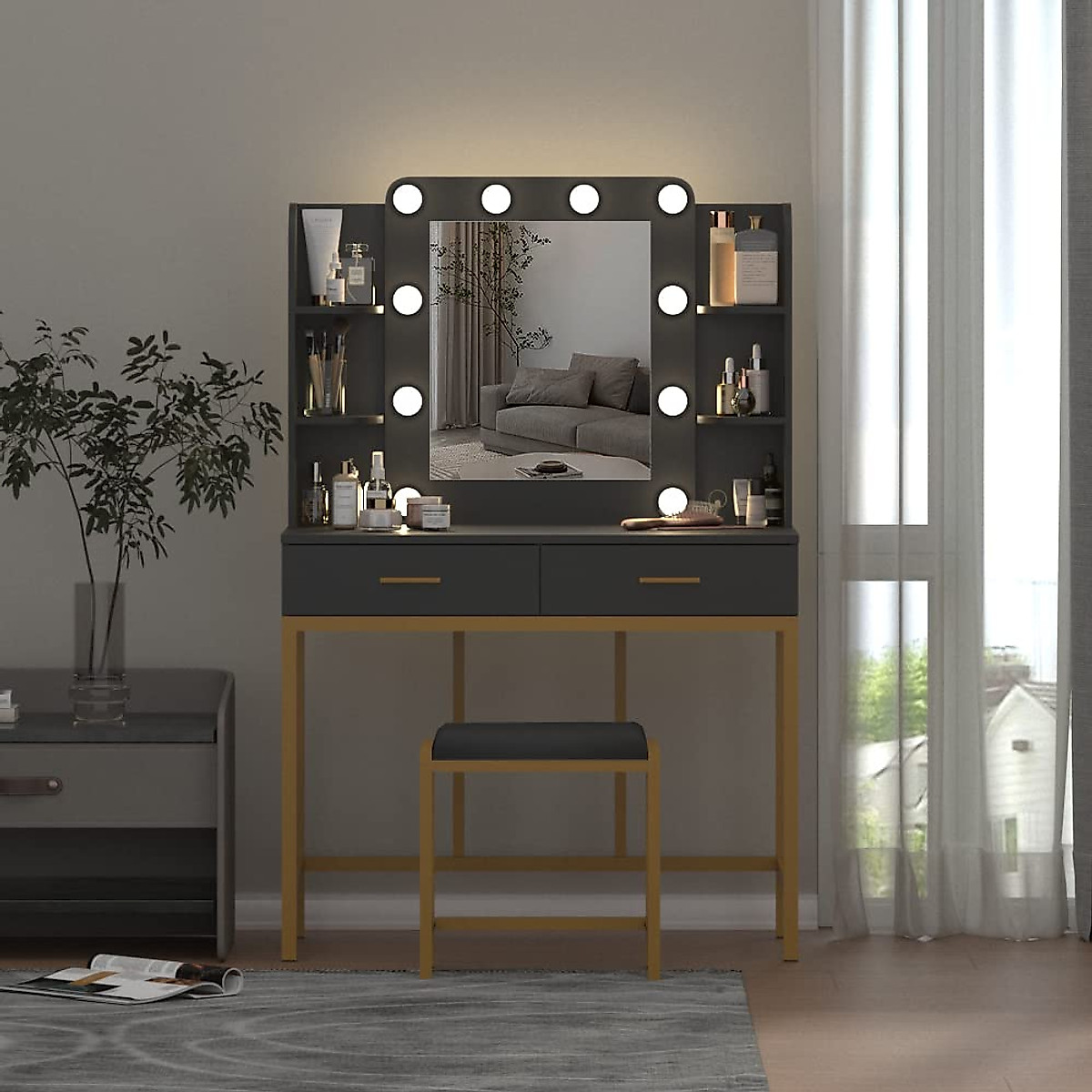 Makeup Vanity with Lighted Mirror, Black Vanity Mirror with Lights and Table Set, Vanity Set with 10 LED,Vanity Desk with 3 Lighting Modes and 2 Drawers&Cushioned Stool for Bedroom
