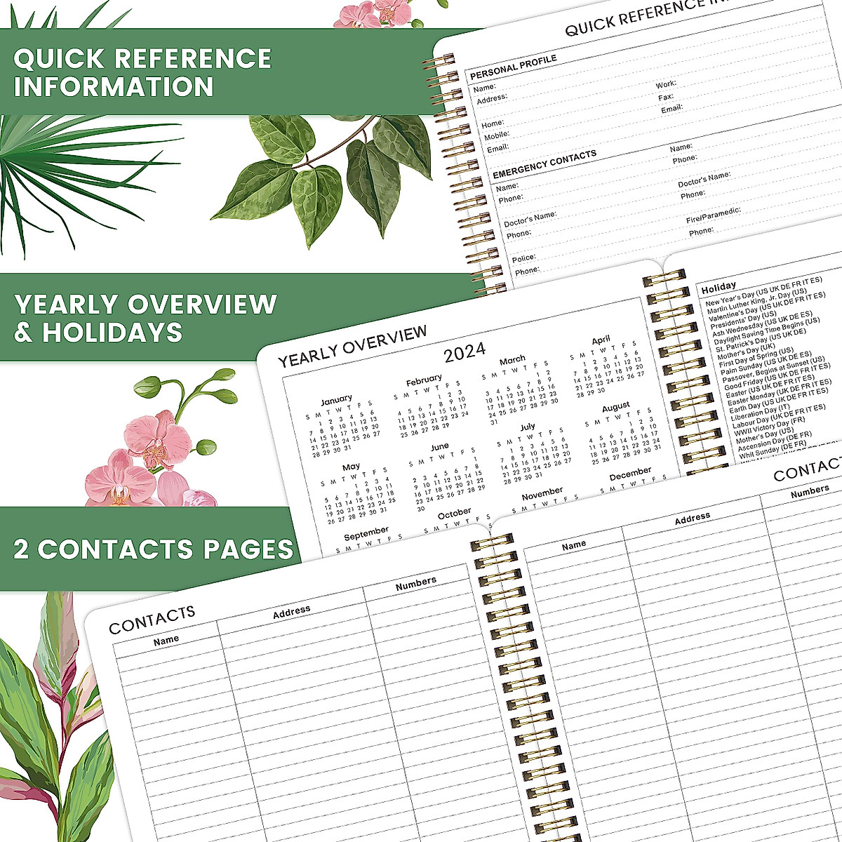 2024 Planner - Jan. 2024 - Dec. 2024, Planner 2024, 8" x 10", 2024 Planner Weekly and Monthly with Marked Tabs + Thick Paper + Contacts + Calendars + Holidays + Twin-Wire Binding - White Floral