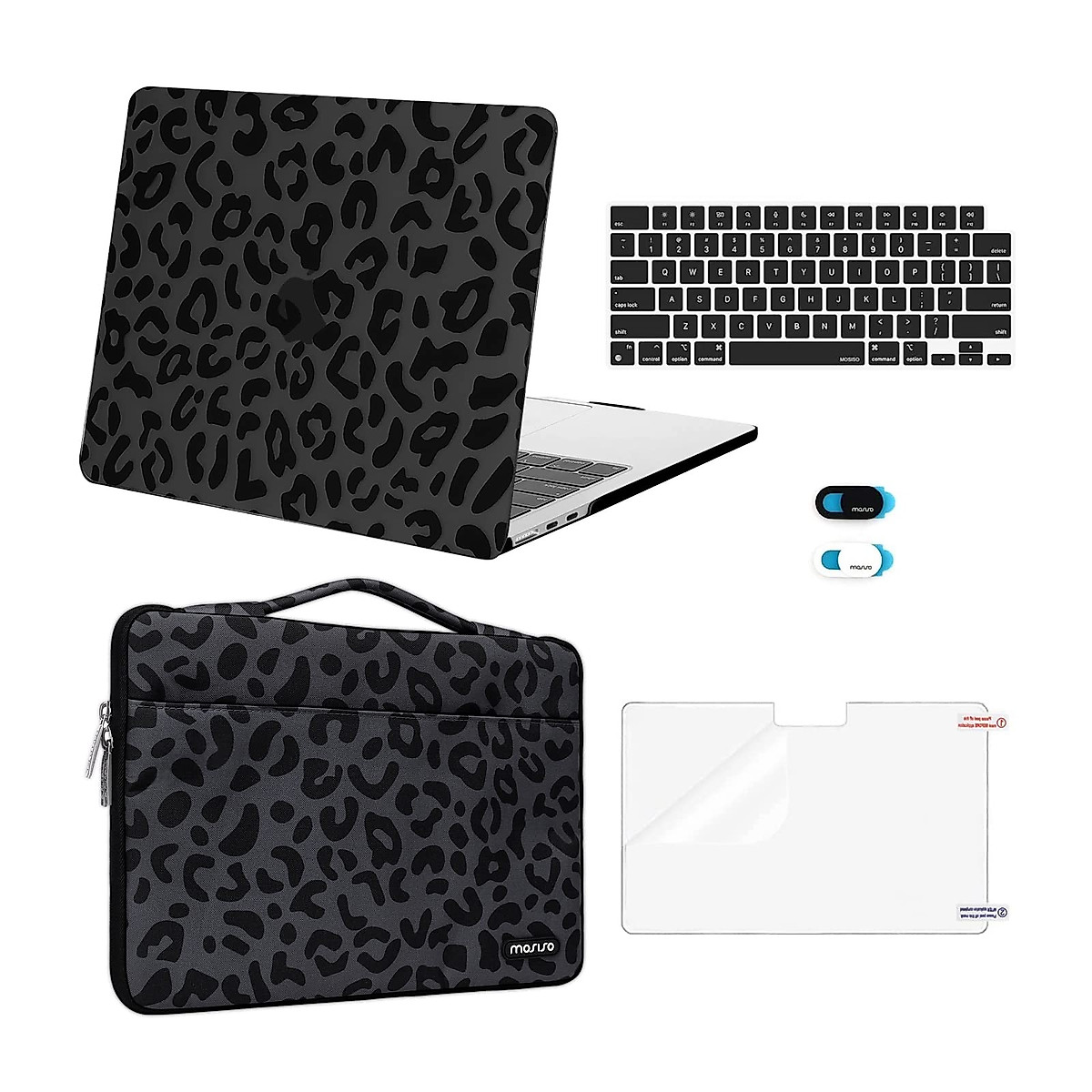 MOSISO Compatible with MacBook Air 13 inch Case 2025 2024 2023 2022 M3 A3113 M2 A2681, Plastic Leopard Grain Hard Shell Case&Carrying Sleeve Bag&Keyboard Cover&Webcam Cover&Screen Protector, Black