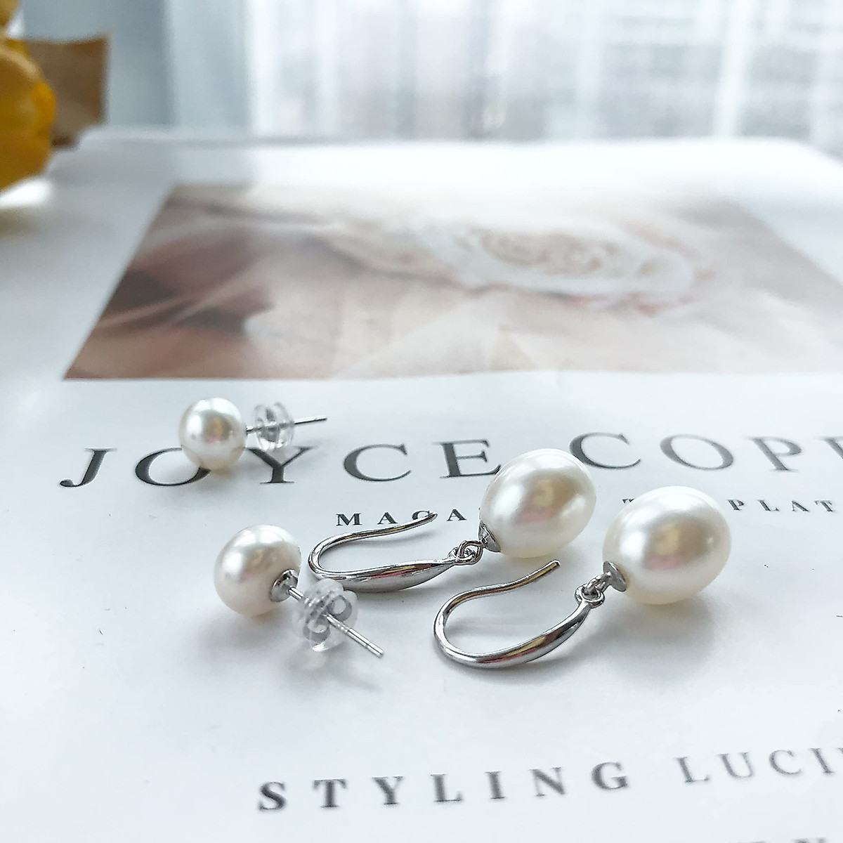 Freshwater Cultured Pearl Set Jewelry for Women Includes Pearl Bracelet, Stud Earrings and Drop Dangle Earrings High Luster AAA Quality Genuine Round White Pearl Strand Necklace Set Mother